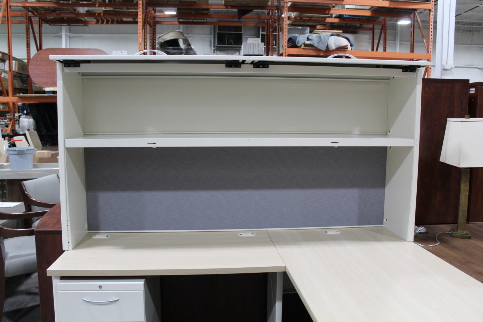 Allsteel 72" x 72" Bullet L Desk with Hutch, "Maple" - Laber's Furniture